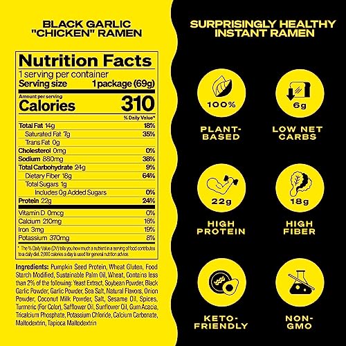 immi Black Garlic "Chicken" Ramen, 100% Plant Based, Keto Friendly, Low Carb, High Protein, Packaged Noodle Meal Kit, Ready to Eat, 6 Pack