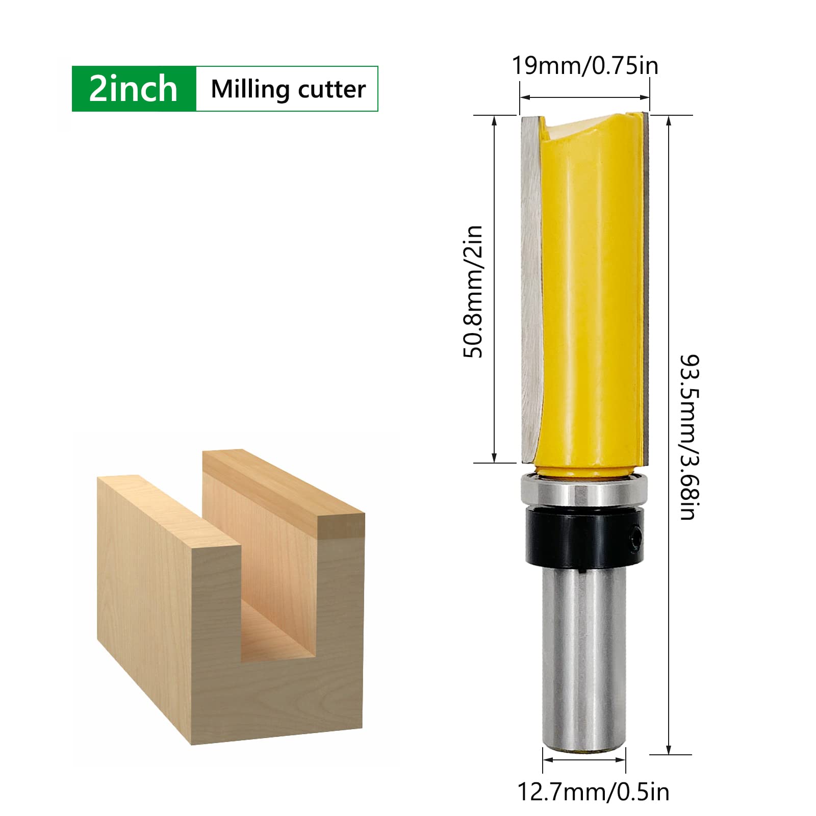 Flush Trim Bit with Bearing, 2 Inch Cutting Length and 1/2 Inch Shank, Carbide Pattern Router Bit, Woodcutting Woodworking Tools