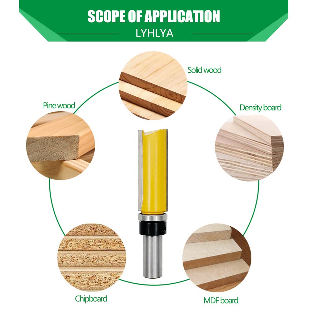 Flush Trim Bit with Bearing, 2 Inch Cutting Length and 1/2 Inch Shank, Carbide Pattern Router Bit, Woodcutting Woodworking Tools