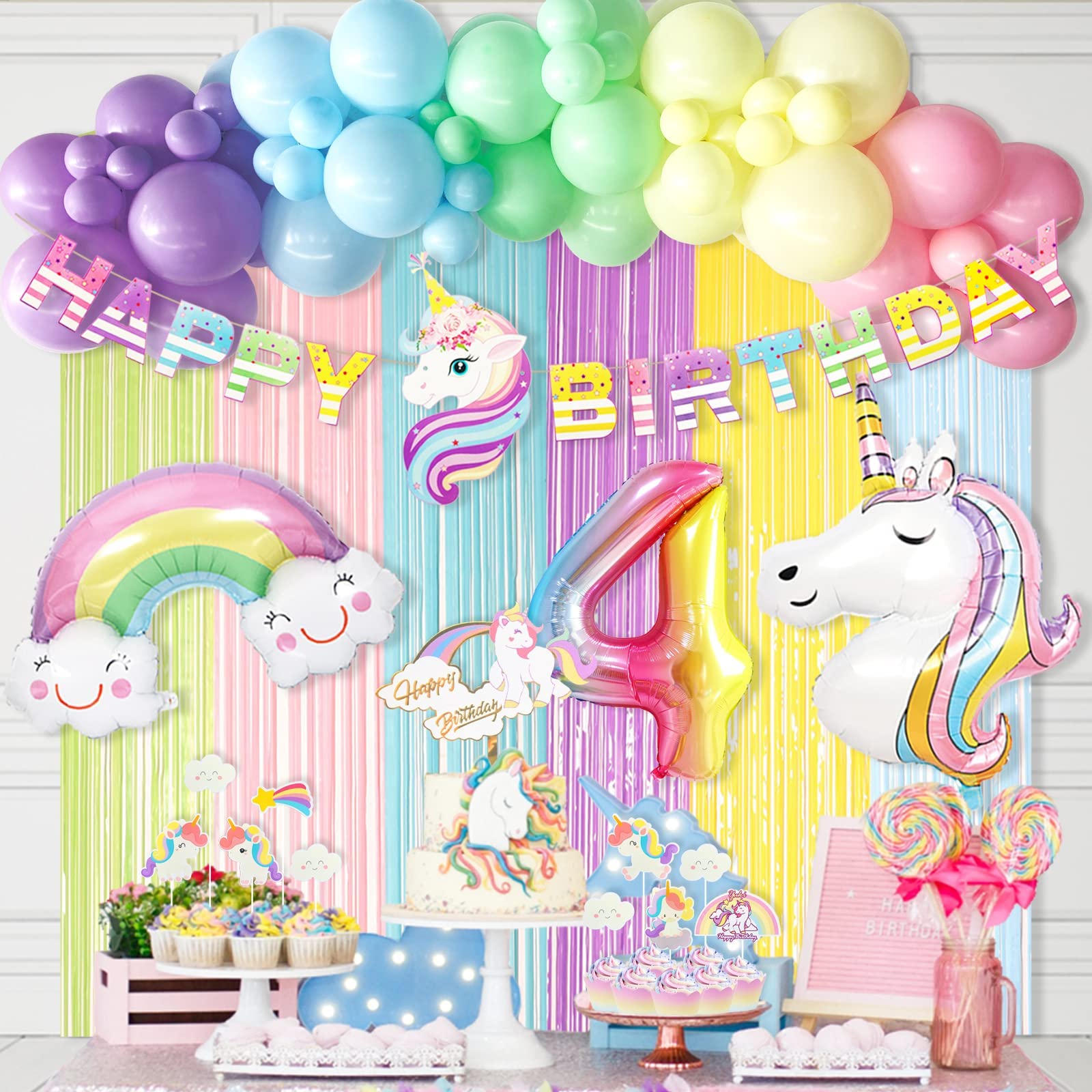 Unicorn 4th Birthday Party Decorations for Girls, Hombae 4th Birthday Party Supplies Kit, Rainbow Birthday Banner Balloons Garland, No.4 Foil Balloon, Macaron Tinsel Curtains