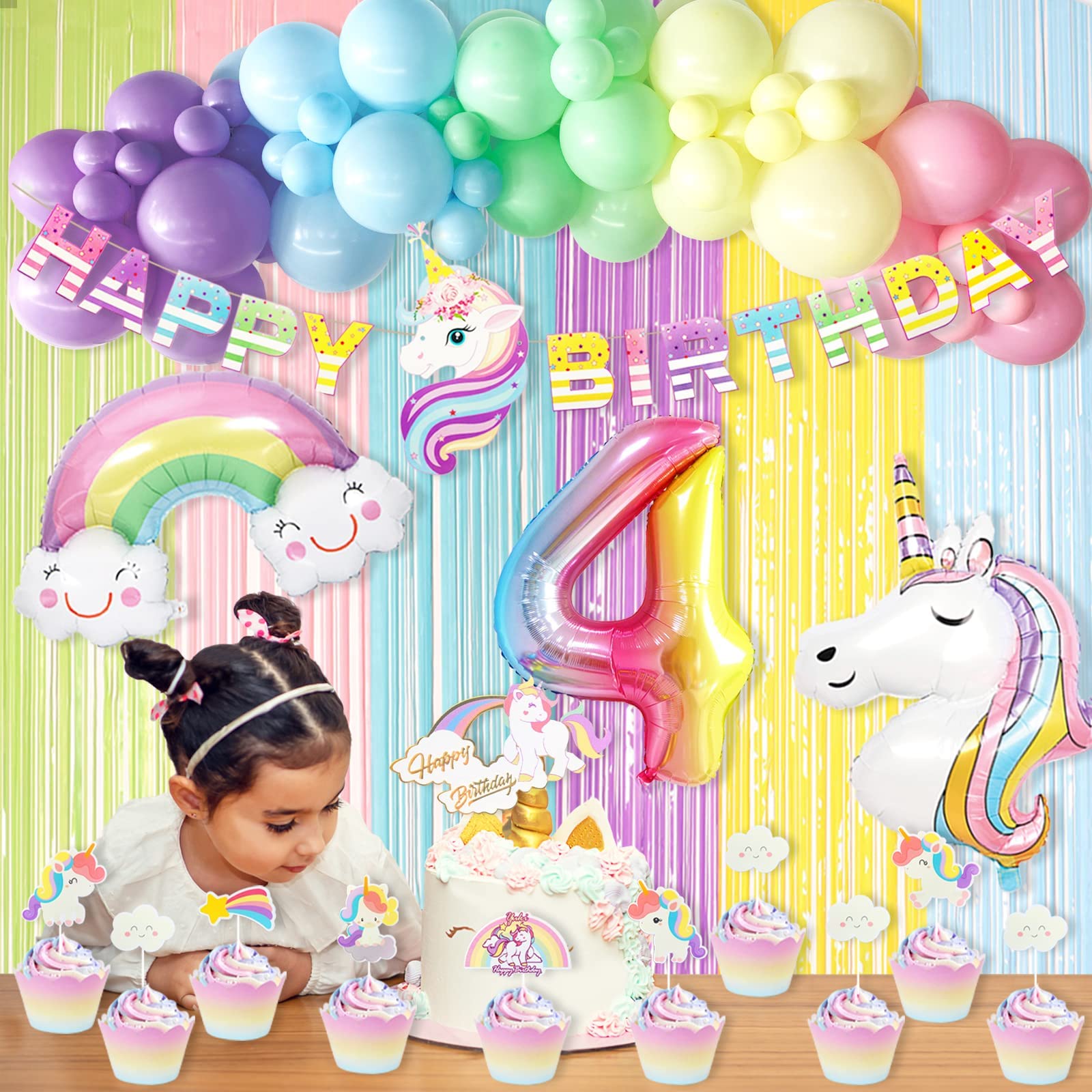 Unicorn 4th Birthday Party Decorations for Girls, Hombae 4th Birthday Party Supplies Kit, Rainbow Birthday Banner Balloons Garland, No.4 Foil Balloon, Macaron Tinsel Curtains