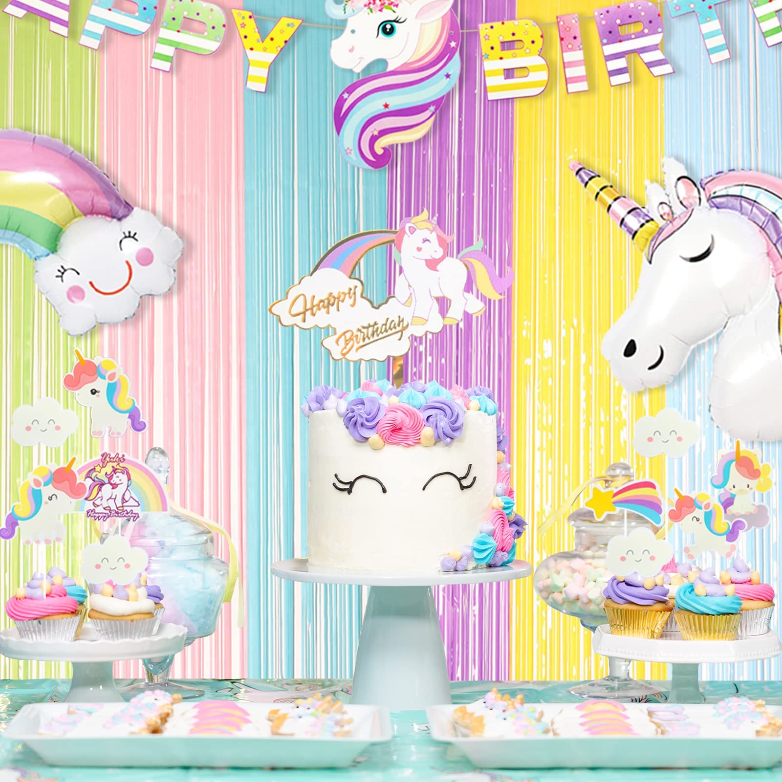 Unicorn 4th Birthday Party Decorations for Girls, Hombae 4th Birthday Party Supplies Kit, Rainbow Birthday Banner Balloons Garland, No.4 Foil Balloon, Macaron Tinsel Curtains