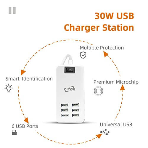 Multi USB Charger, 6 Port USB Charging Station for Multiple Devices, Phone, Tablet, Power Strip with ON/Off Switch (White)