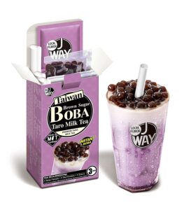 j way instant boba bubble pearl taro milk tea kit with authentic brown sugar tapioca boba, ready in under one minute, paper straws included - 3 servings