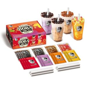 j way instant boba bubble pearl variety milk fruity tea kit with authentic brown sugar caramel tapioca boba, ready in under one minute, paper straws included - gift box - 10 servings