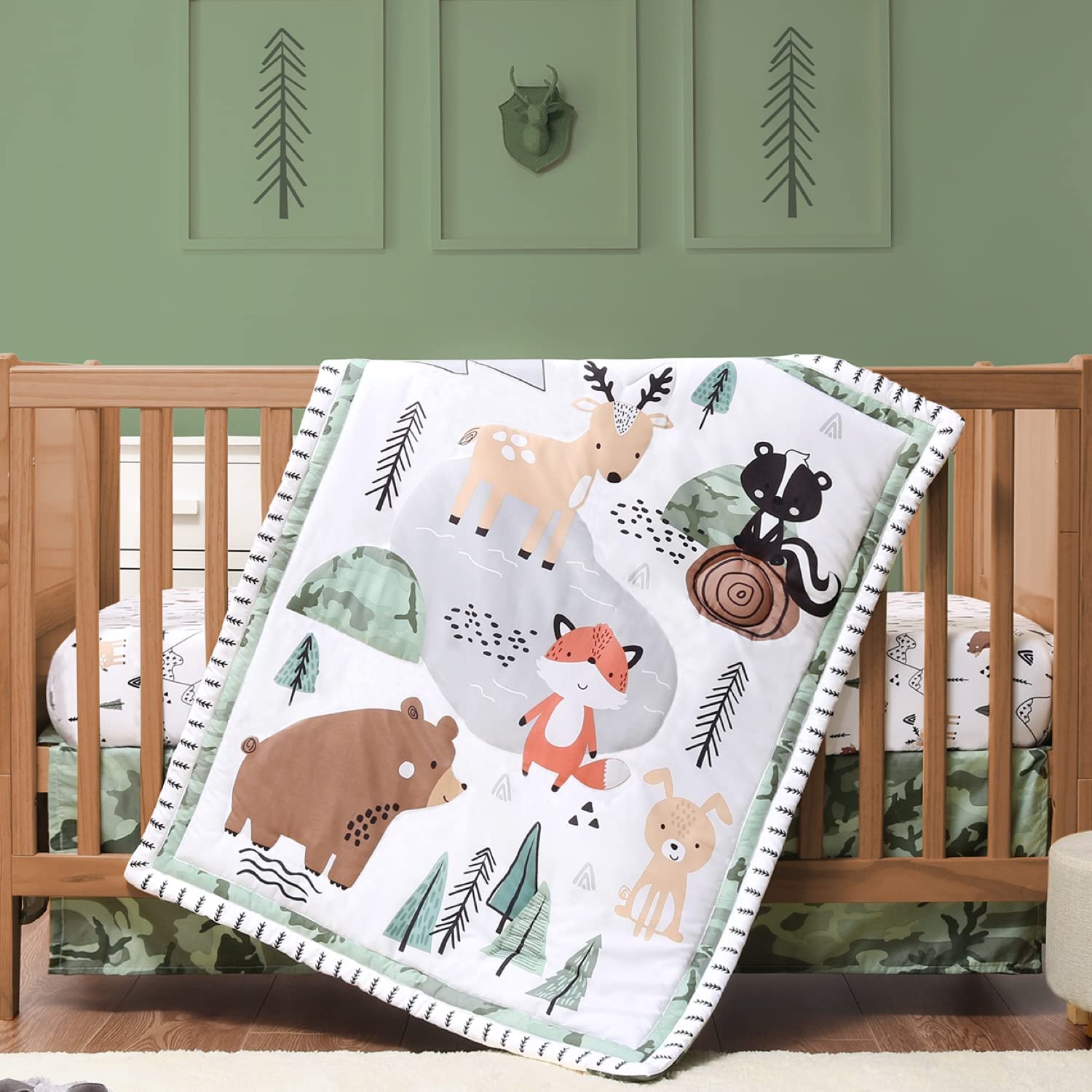 The Peanutshell Woodland Camo Crib Bedding Set for Baby Boys - 3 Piece Nursery Bed - Comforter, Fitted Sheet, Skirt