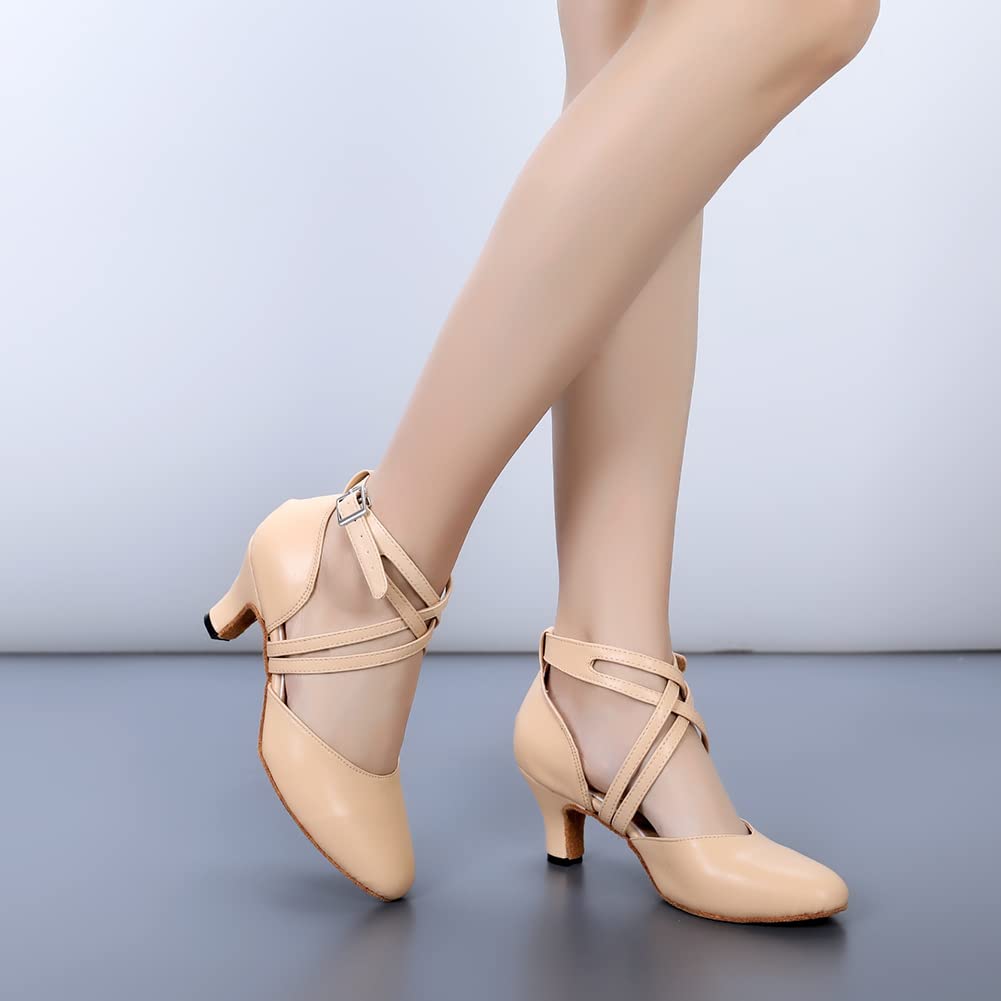 DKZSYIM Women's Latin Ballroom Dance Shoes Close Toe Character Modern Tango Salsa Performance Dancing Shoes,7161-Nude-6,US 7