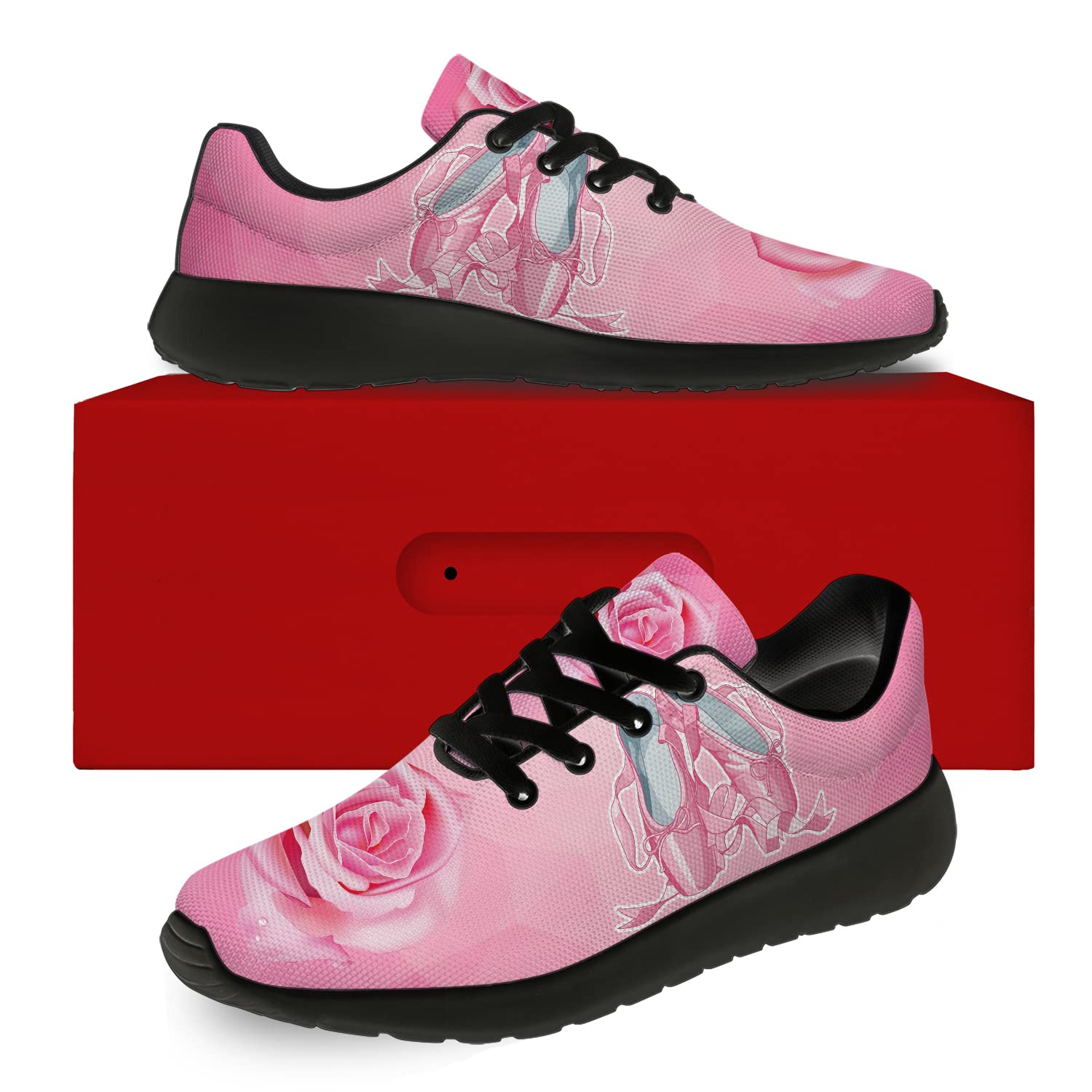 Ballerina Shoes Girls Womens Running Shoes Walking Tennis Sneakers Ballet Slippers Dance Lovers Pink Rose Flower Shoes Gifts for Women Girl,Size 13 Men/15.5 Women Black