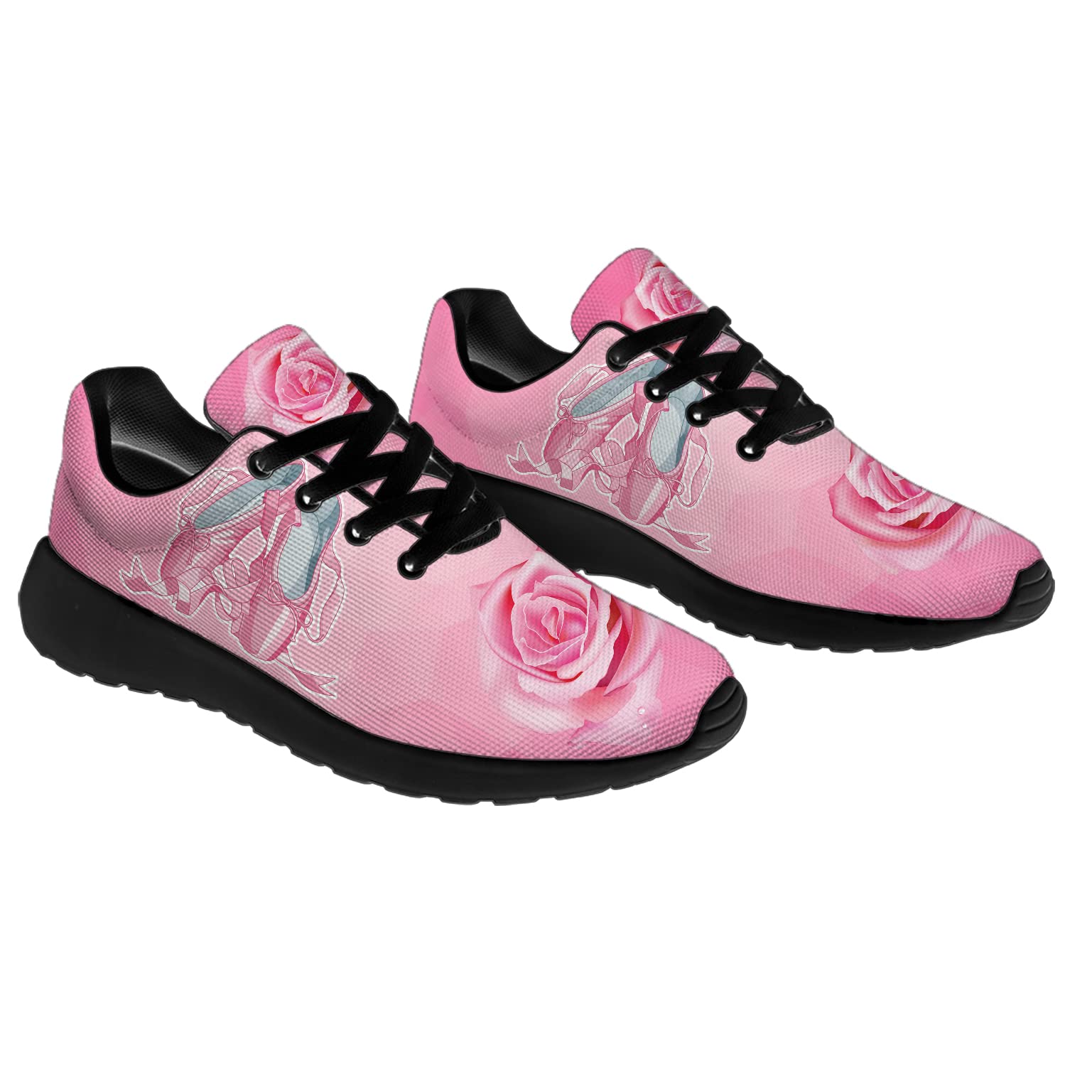 Ballerina Shoes Girls Womens Running Shoes Walking Tennis Sneakers Ballet Slippers Dance Lovers Pink Rose Flower Shoes Gifts for Women Girl,Size 13 Men/15.5 Women Black