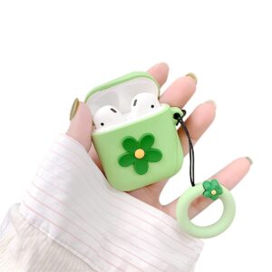 ownest compatible for airpods case cute cartoon flower pattern girls woman soft silicone shockproof keychain design cover for airpods 1 &2-green