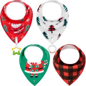 baby bandana drool bibs,christmas bibs for boys and girls by super absorbent bandana drool bibs,teething toys bibs organic cotton baby bibs for infant set of 4 with two teething toys-snowman,santa