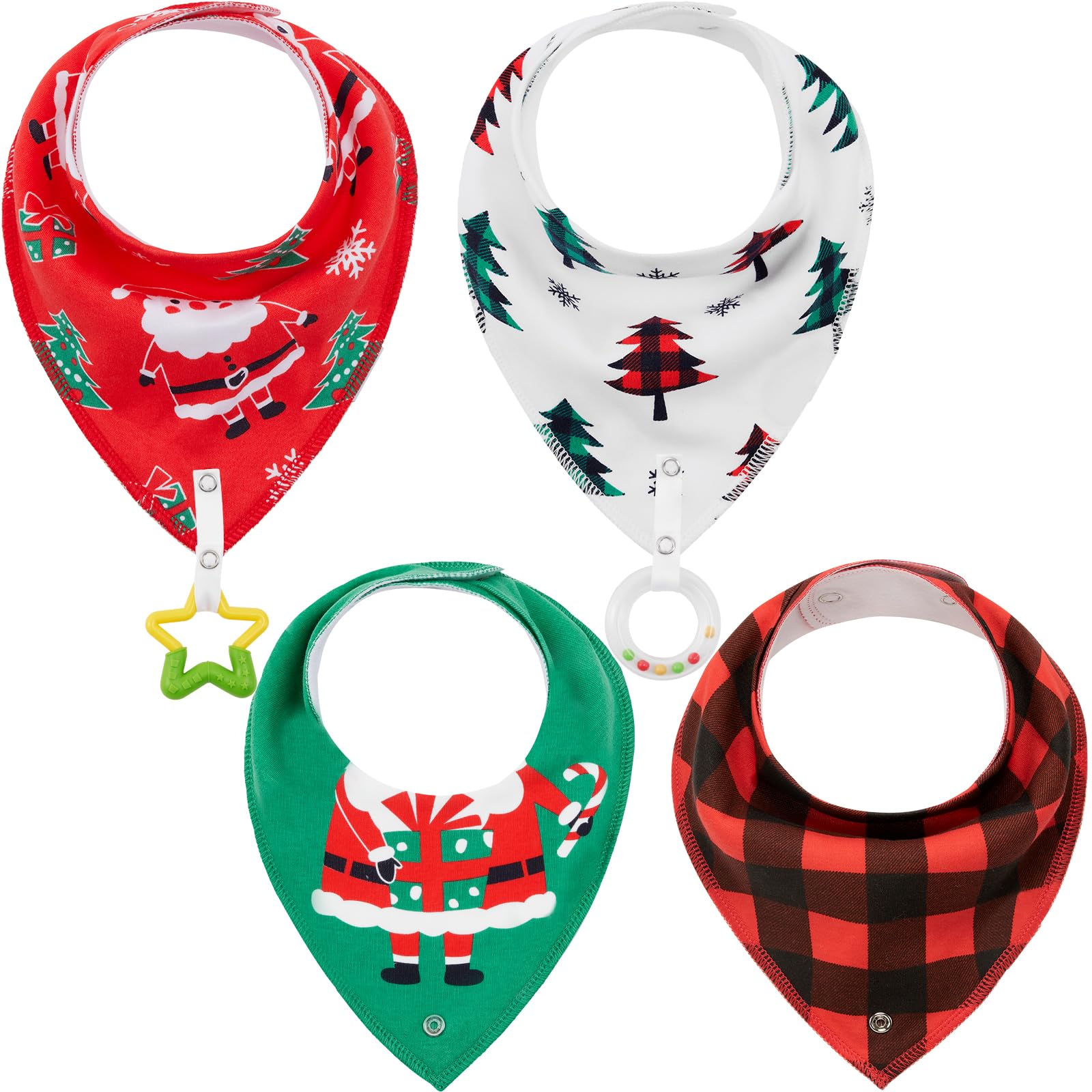 Baby Bandana Drool Bibs,Christmas Bibs for Boys and Girls by Super Absorbent Bandana Drool Bibs,Teething Toys Bibs Organic Cotton Baby Bibs for Infant Set of 4 with Two Teething Toys-Snowman,Santa