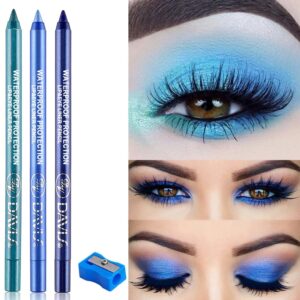 3 colors matte eyeliner pen set with pencil sharpener,blue - dark blue sky blue light blue,colorful eyeliner pencil set, pearl metallic glitter waterproof professional eye makeup color sets 5 blue s2