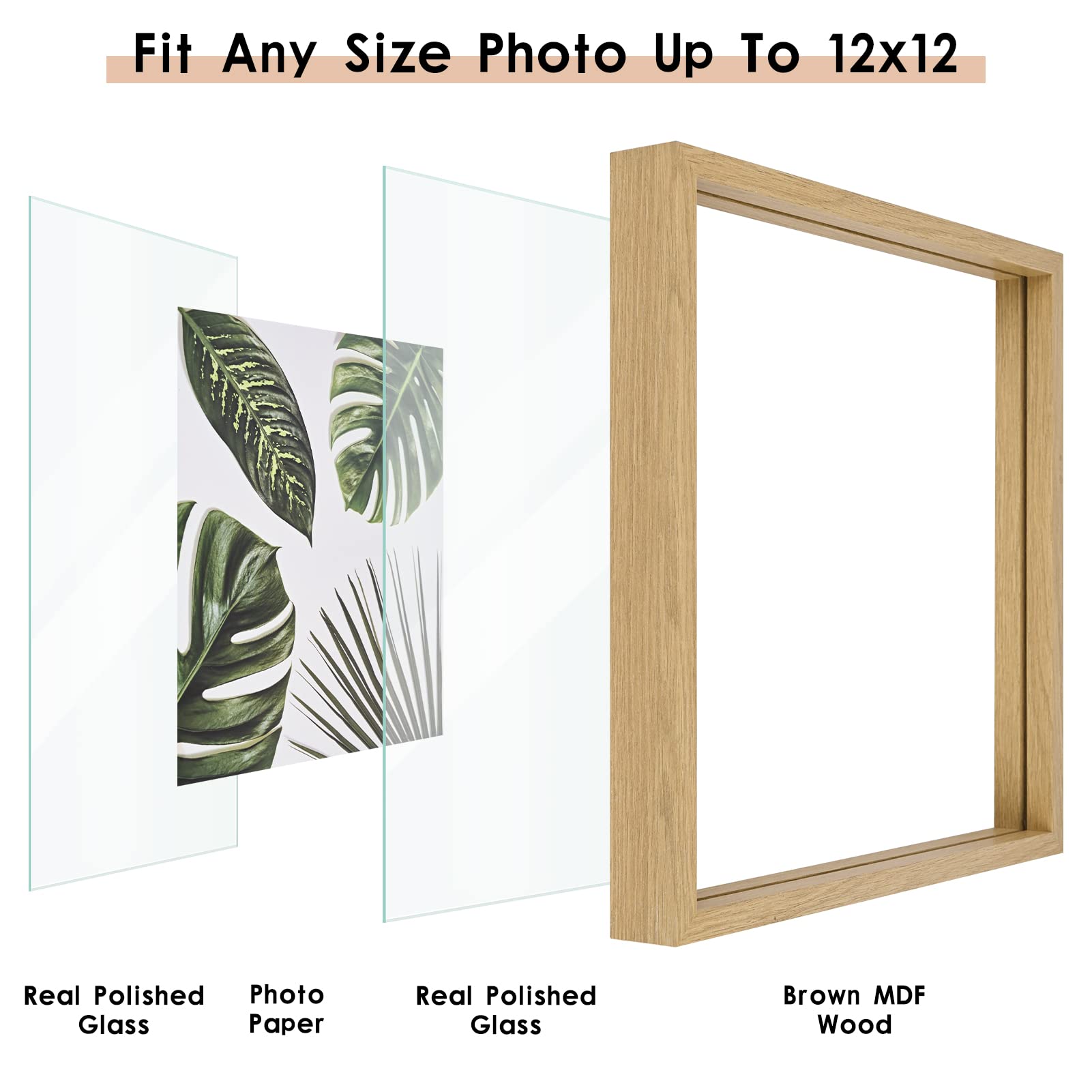 MUYE 12x12 Floating Frame Set of 2,Double Glass Rustic Square Photo Frame,Display Any Size Photo up to 12x12,Wall Mount or Tabletop Standing Natural