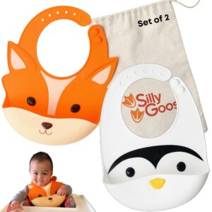 silly goose set of 2 silicone animal baby bibs for babies and toddlers, waterproof, adjustable, soft, extra wide food catcher pocket (2pk penguin+fox)