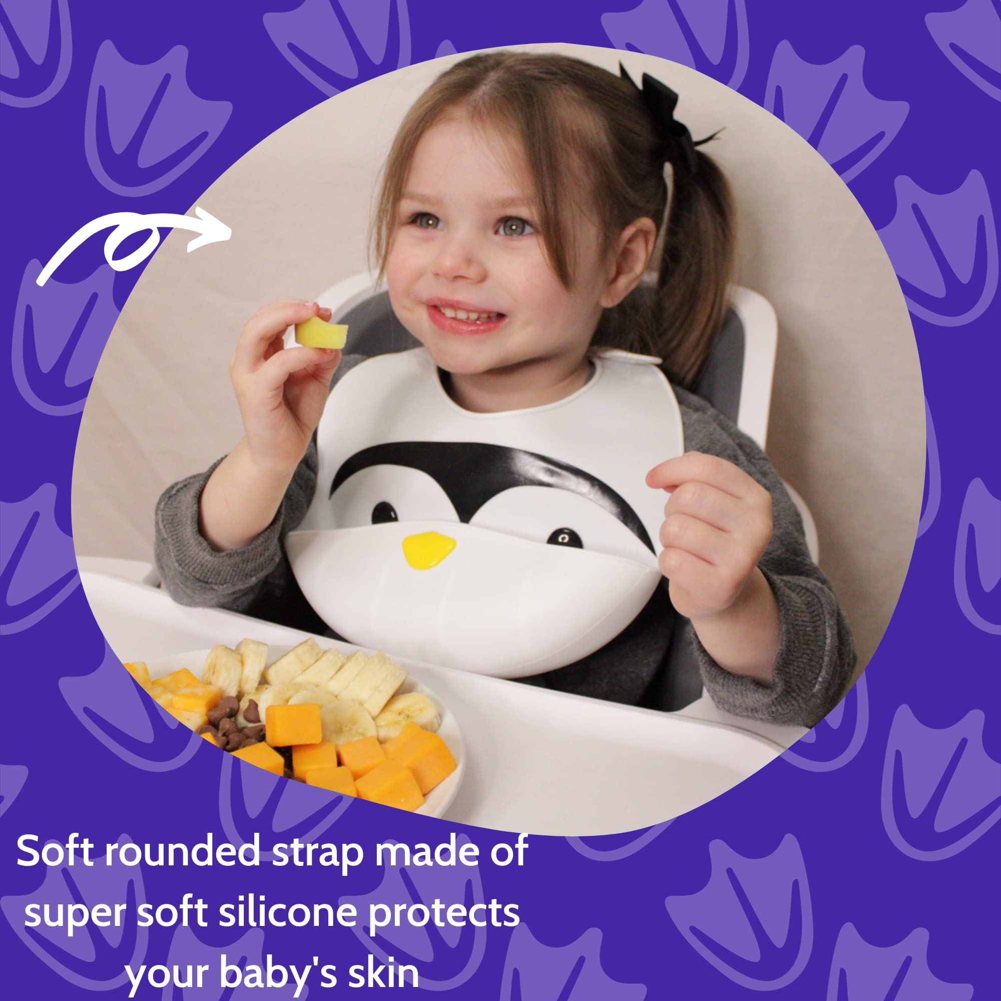 Silly Goose Set of 2 Silicone Animal Baby Bibs for Babies and Toddlers, Waterproof, Adjustable, Soft, Extra Wide Food Catcher Pocket (2PK Penguin+Fox)