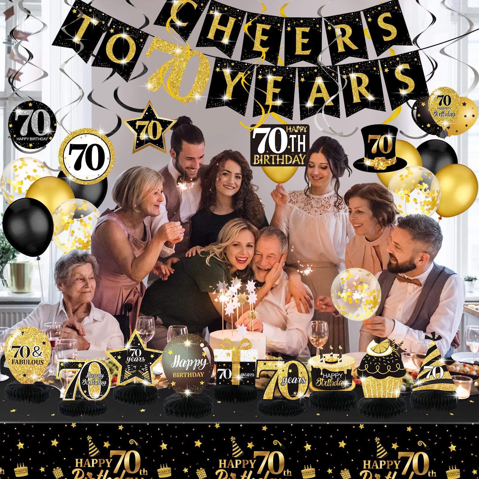 70th Birthday Party Decorations for Men Cheers Birthday Banner Black Gold Balloons Hanging Swirls Honeycomb Centerpieces and Disposable Tablecloth for Men Women 70th Birthday Decorations