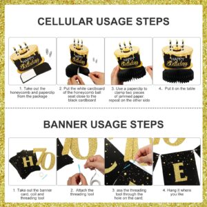 70th Birthday Party Decorations for Men Cheers Birthday Banner Black Gold Balloons Hanging Swirls Honeycomb Centerpieces and Disposable Tablecloth for Men Women 70th Birthday Decorations