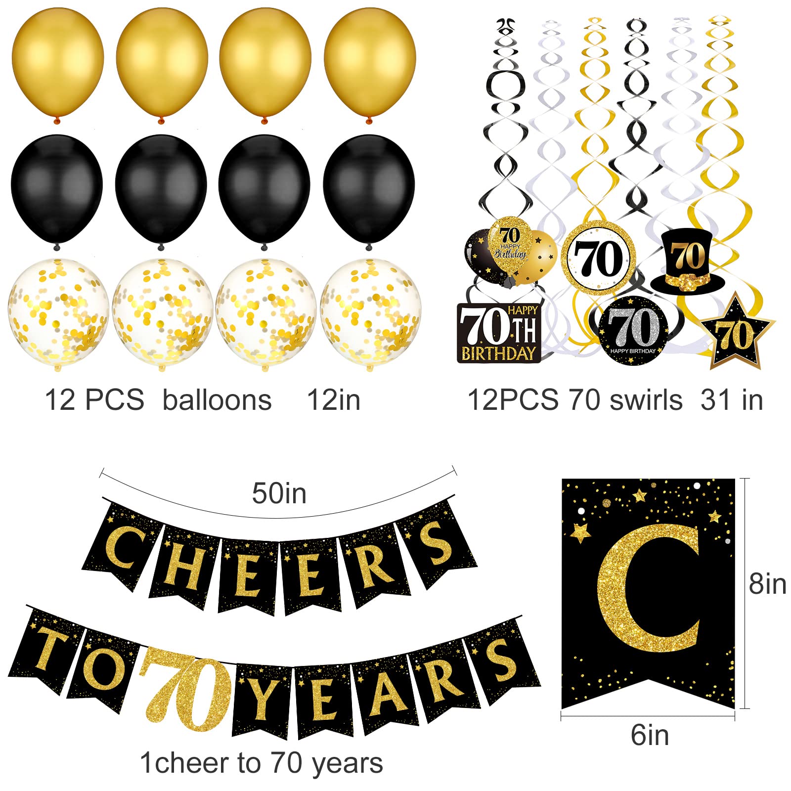 70th Birthday Party Decorations for Men Cheers Birthday Banner Black Gold Balloons Hanging Swirls Honeycomb Centerpieces and Disposable Tablecloth for Men Women 70th Birthday Decorations