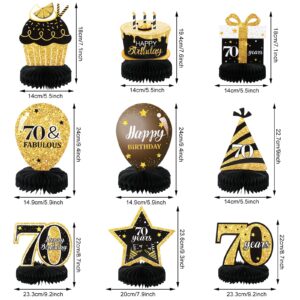 70th Birthday Party Decorations for Men Cheers Birthday Banner Black Gold Balloons Hanging Swirls Honeycomb Centerpieces and Disposable Tablecloth for Men Women 70th Birthday Decorations