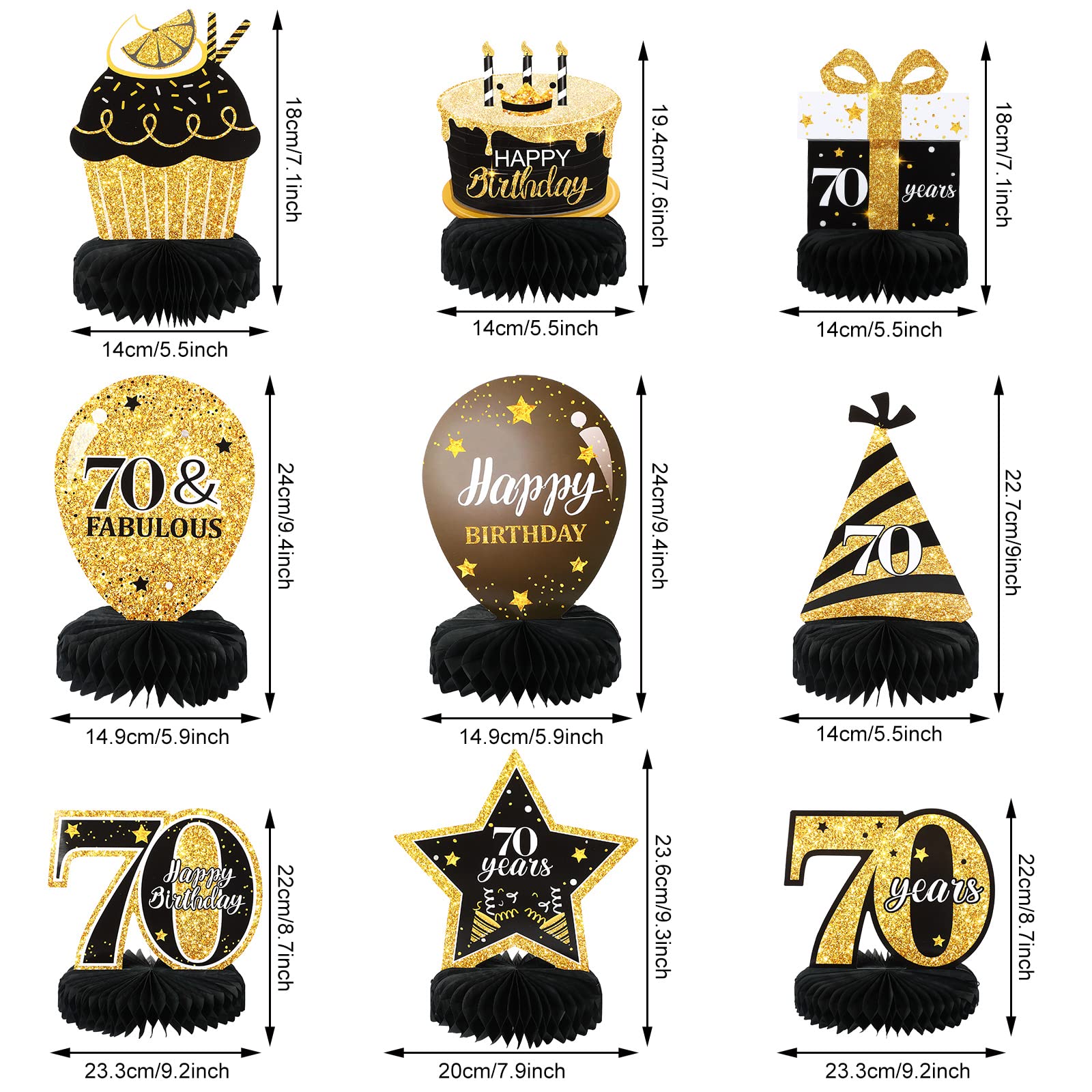 70th Birthday Party Decorations for Men Cheers Birthday Banner Black Gold Balloons Hanging Swirls Honeycomb Centerpieces and Disposable Tablecloth for Men Women 70th Birthday Decorations