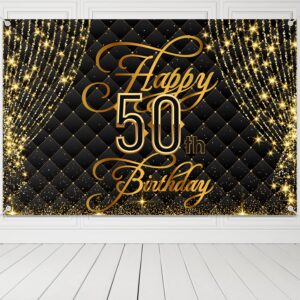 Happy 50th Birthday Banner Backdrop Royal Curtain Decorations Black Gold Background 50 Years Old Bday for Women Men Photography Party Decor Supplies