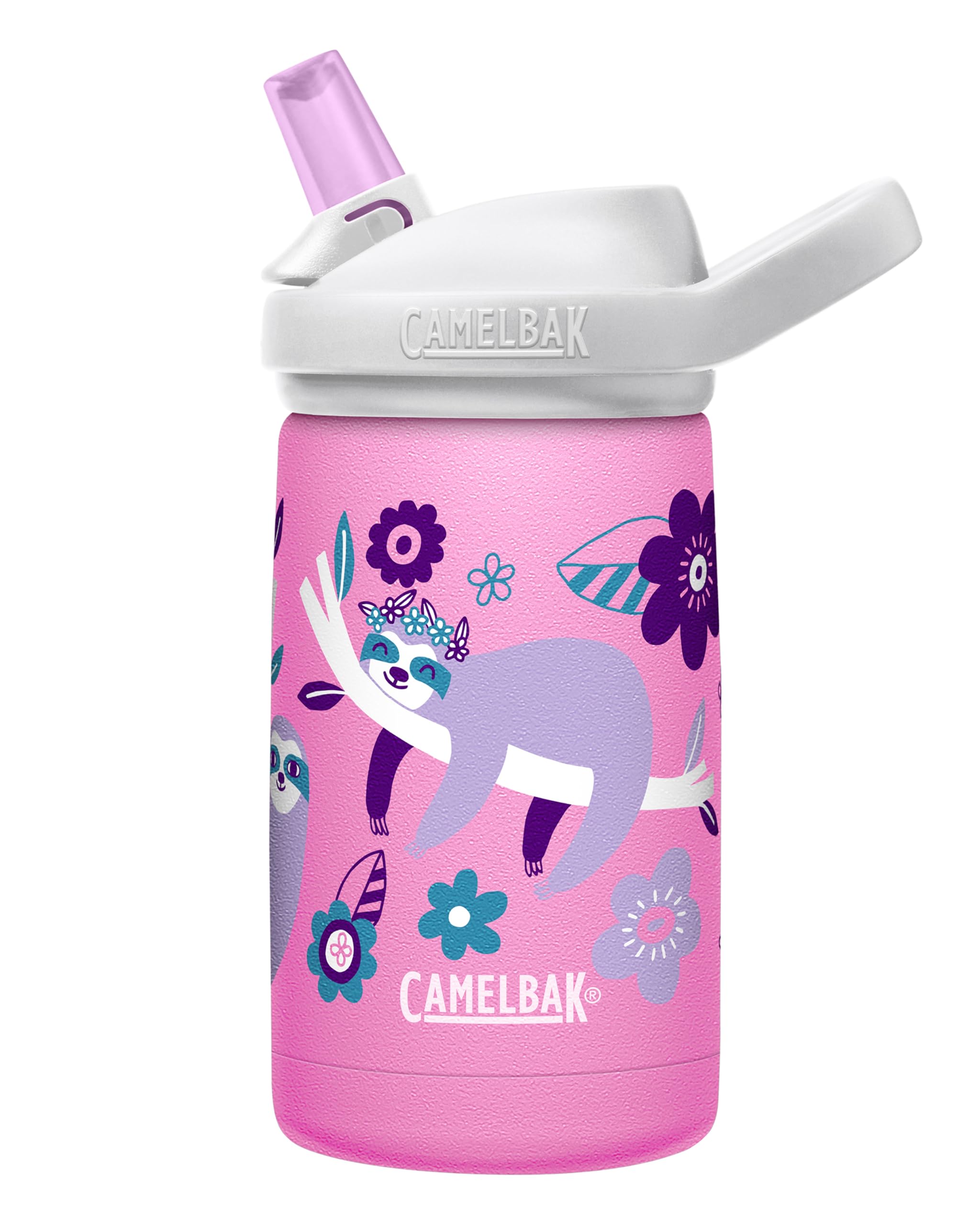 CamelBak eddy+ Kids Water Bottle with Straw, Insulated Stainless Steel - Leak-Proof when Closed, 12oz, Flowerchild Sloth