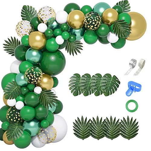 Jungle Safari Tropical Party Balloons Garland Arch Kit, Green Metallic Gold Confetti Balloons Palm Leaves for Boys Girls Animal Wild One Birthday Baby Shower Wedding Dinosaur Party Decorations