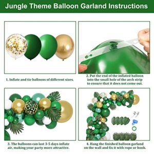 Jungle Safari Tropical Party Balloons Garland Arch Kit, Green Metallic Gold Confetti Balloons Palm Leaves for Boys Girls Animal Wild One Birthday Baby Shower Wedding Dinosaur Party Decorations