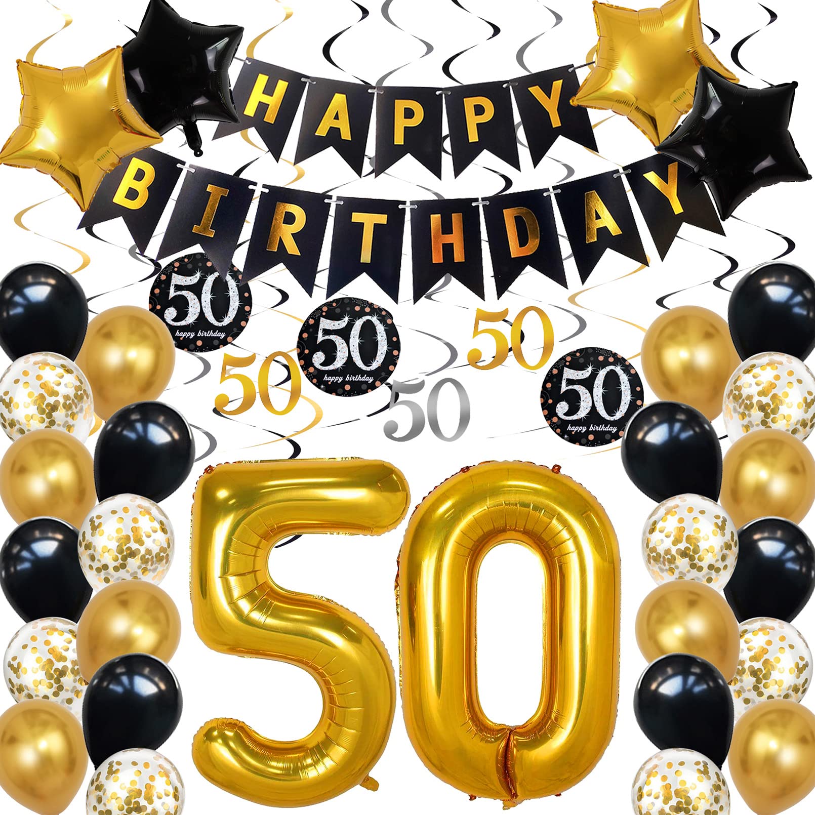 50th Birthday Decorations for Men Women, Over The Hill Party Supplies 50th Birthday Balloons Happy Birthday Banner Hanging Swirls for 50th Birthday Anniversary Decorations Black and Gold Party Decor