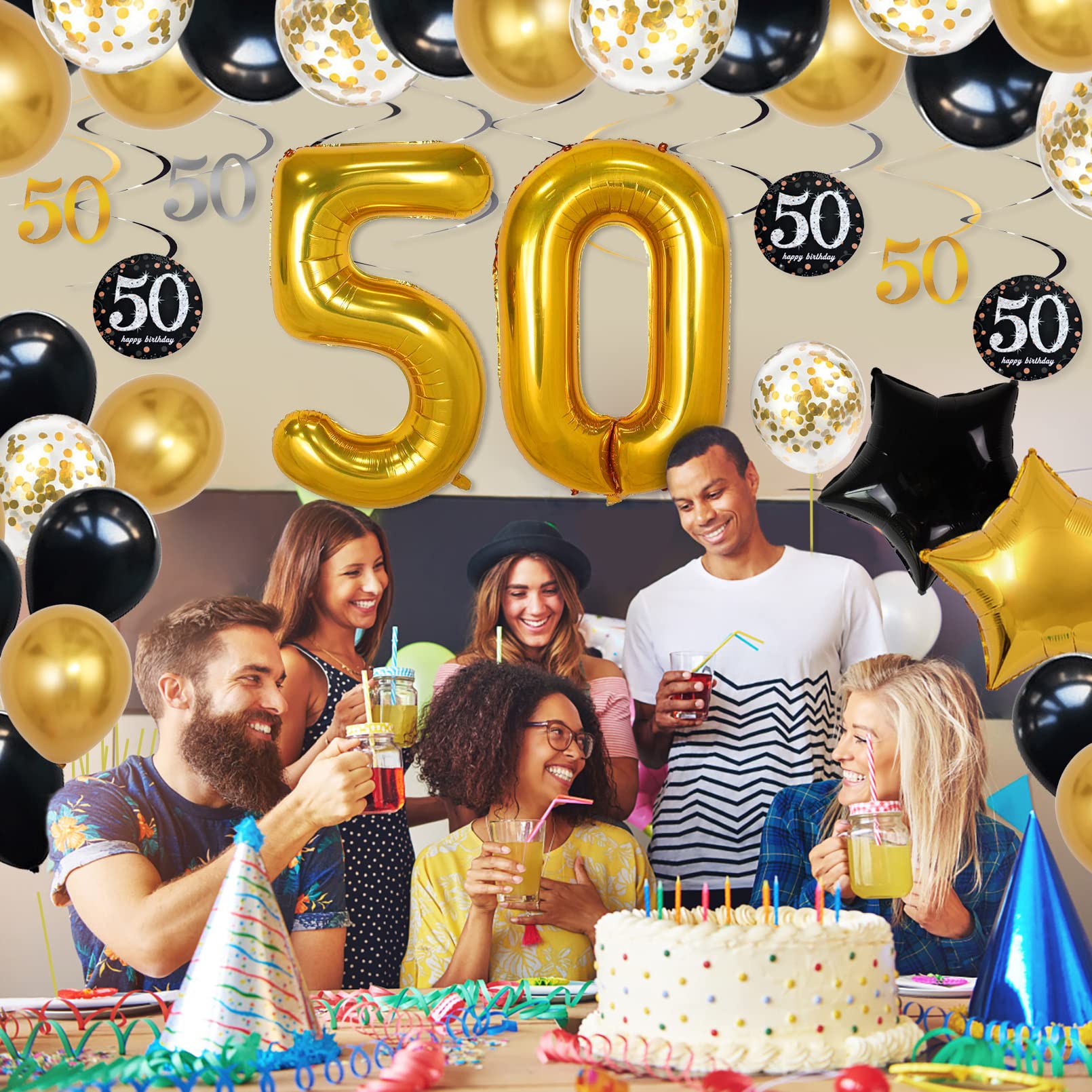 50th Birthday Decorations for Men Women, Over The Hill Party Supplies 50th Birthday Balloons Happy Birthday Banner Hanging Swirls for 50th Birthday Anniversary Decorations Black and Gold Party Decor