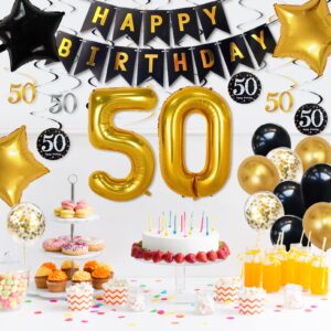 50th Birthday Decorations for Men Women, Over The Hill Party Supplies 50th Birthday Balloons Happy Birthday Banner Hanging Swirls for 50th Birthday Anniversary Decorations Black and Gold Party Decor