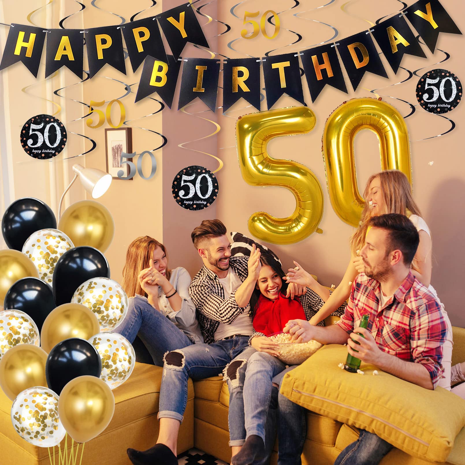 50th Birthday Decorations for Men Women, Over The Hill Party Supplies 50th Birthday Balloons Happy Birthday Banner Hanging Swirls for 50th Birthday Anniversary Decorations Black and Gold Party Decor