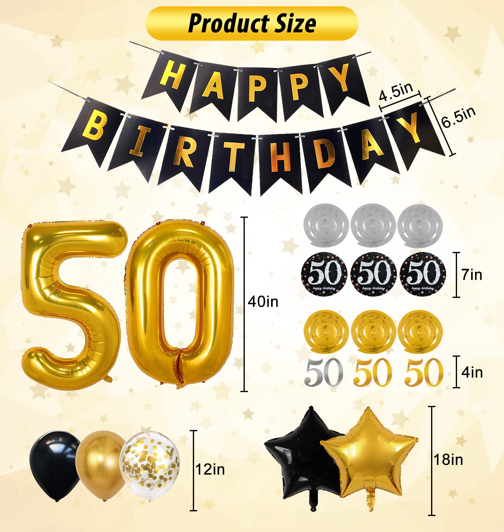 50th Birthday Decorations for Men Women, Over The Hill Party Supplies 50th Birthday Balloons Happy Birthday Banner Hanging Swirls for 50th Birthday Anniversary Decorations Black and Gold Party Decor