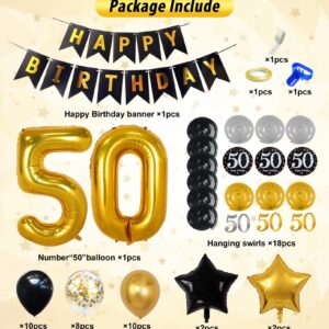 50th Birthday Decorations for Men Women, Over The Hill Party Supplies 50th Birthday Balloons Happy Birthday Banner Hanging Swirls for 50th Birthday Anniversary Decorations Black and Gold Party Decor