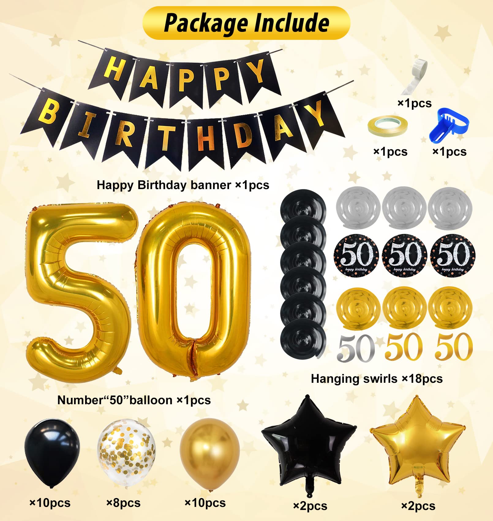 50th Birthday Decorations for Men Women, Over The Hill Party Supplies 50th Birthday Balloons Happy Birthday Banner Hanging Swirls for 50th Birthday Anniversary Decorations Black and Gold Party Decor