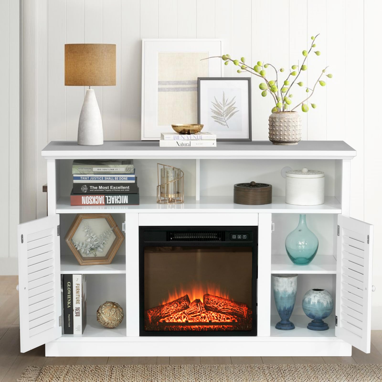 Sophia & William Fireplace TV Stand 2 Doors with a 18" Electric Fireplace Insert for TVs Up to 55", Modern Entertainment Center Media Console Storage Cabinet, White