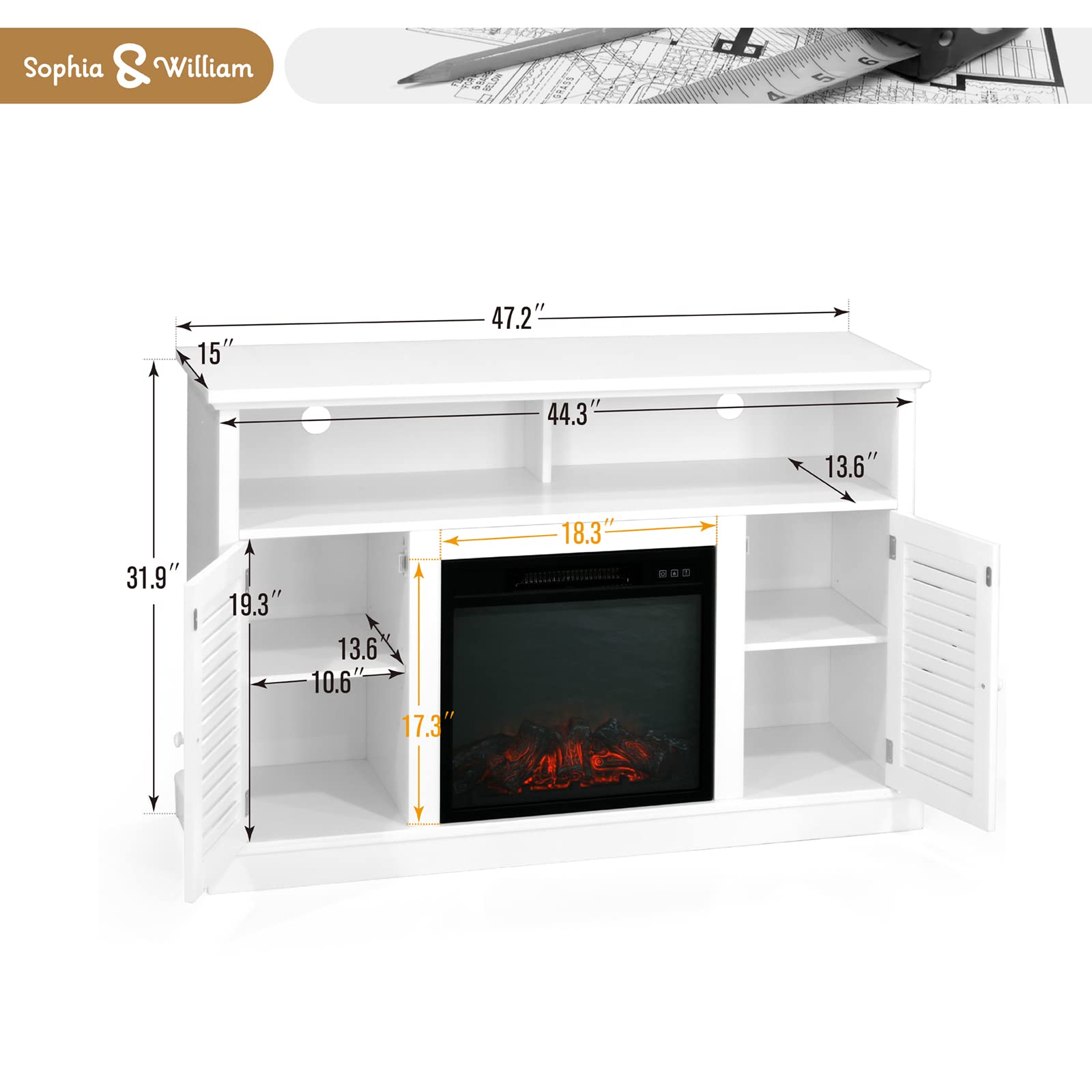 Sophia & William Fireplace TV Stand 2 Doors with a 18" Electric Fireplace Insert for TVs Up to 55", Modern Entertainment Center Media Console Storage Cabinet, White