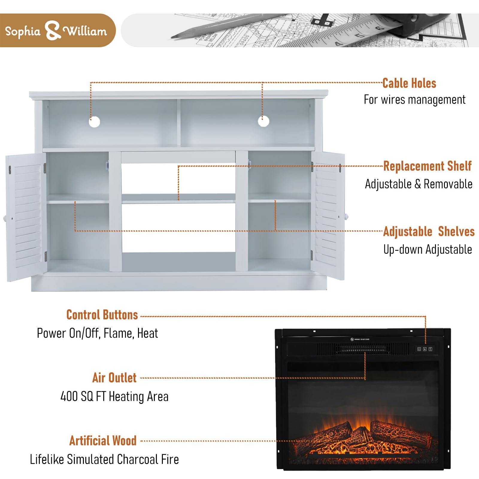 Sophia & William Fireplace TV Stand 2 Doors with a 18" Electric Fireplace Insert for TVs Up to 55", Modern Entertainment Center Media Console Storage Cabinet, White