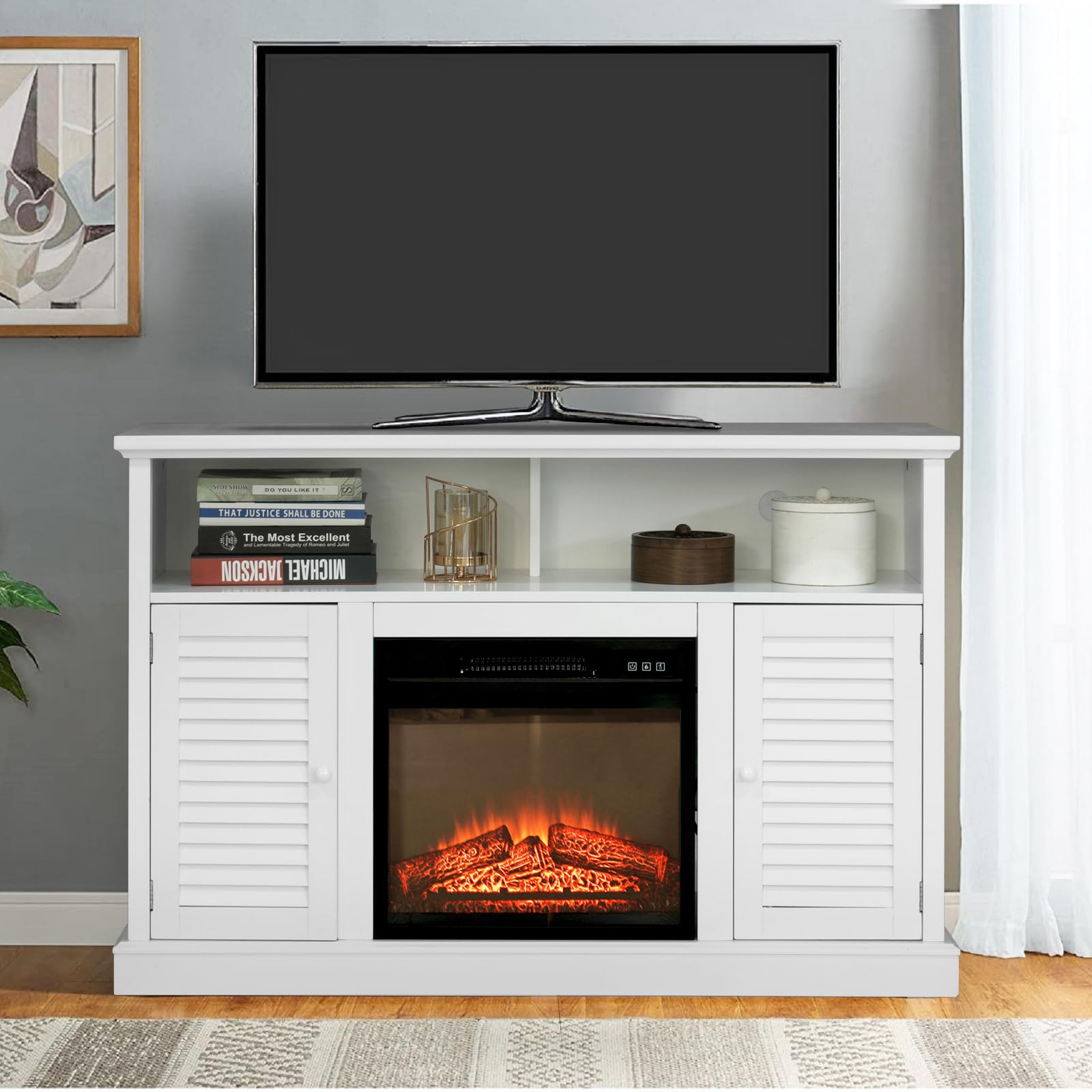 Sophia & William Fireplace TV Stand 2 Doors with a 18" Electric Fireplace Insert for TVs Up to 55", Modern Entertainment Center Media Console Storage Cabinet, White