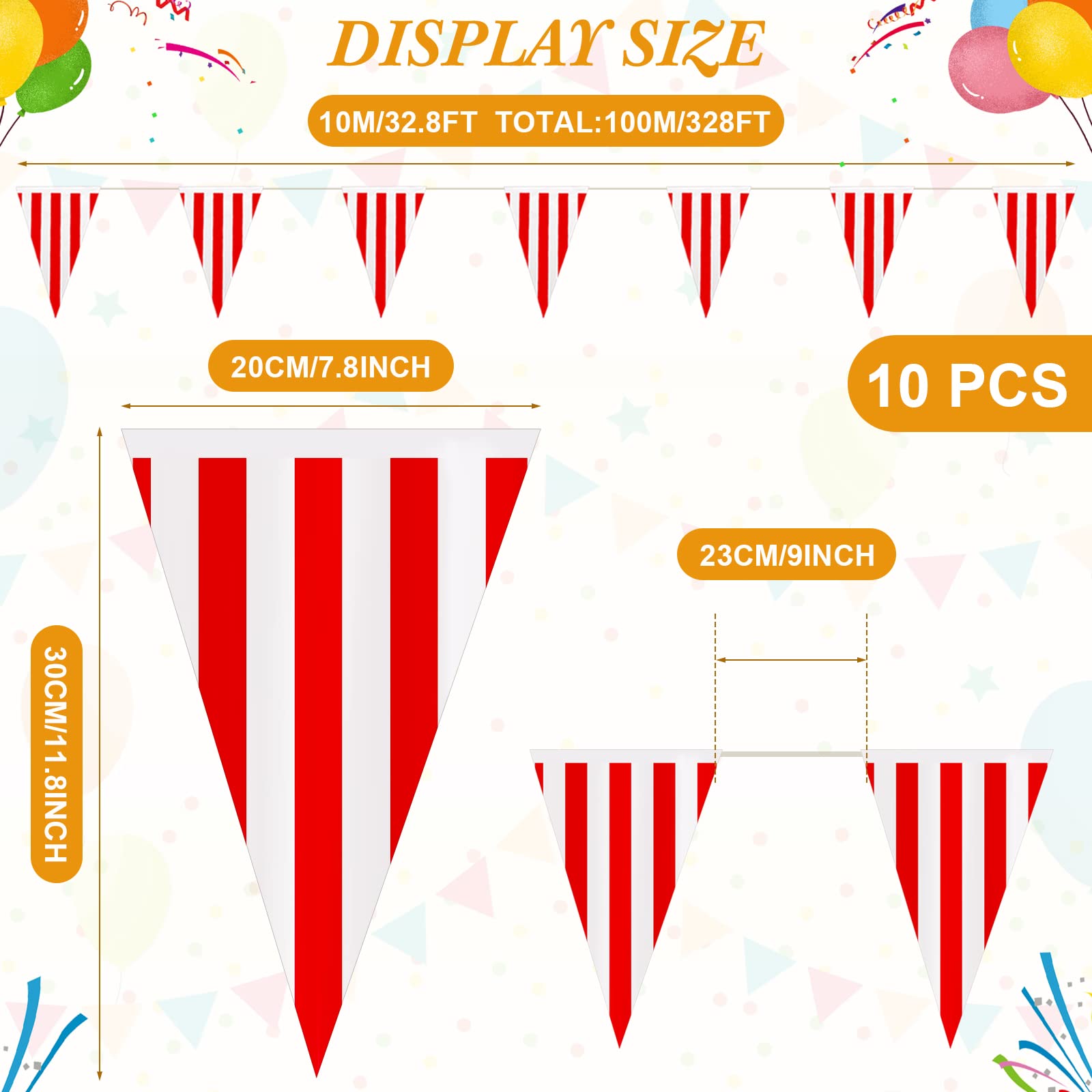 328ft Carnival Circus Party Decorations Supplies, Circus Carnival Bunting Banner 200 pcs Red and White Striped Pennant Banner Flags String Triangle Bunting Flags for Carnival Birthday Party