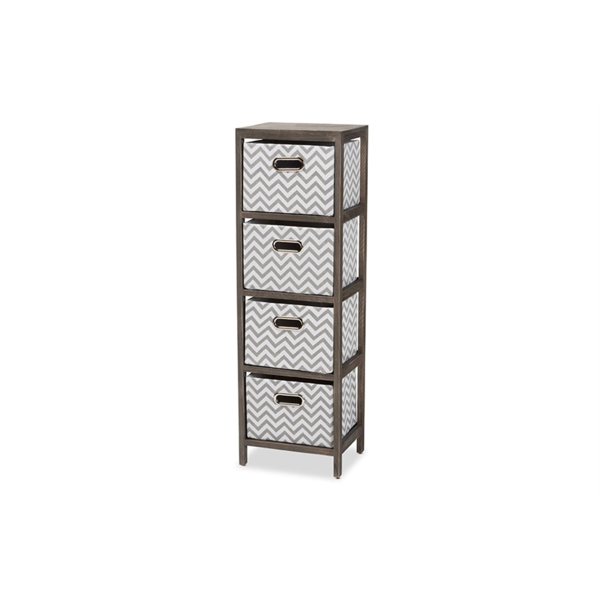 Baxton Studio Jorah Modern and Contemporary Grey and White Fabric Upholstered Greywashed Wood 4-Basket Tallboy Storage Unit