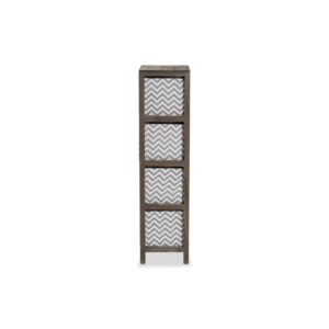 Baxton Studio Jorah Modern and Contemporary Grey and White Fabric Upholstered Greywashed Wood 4-Basket Tallboy Storage Unit