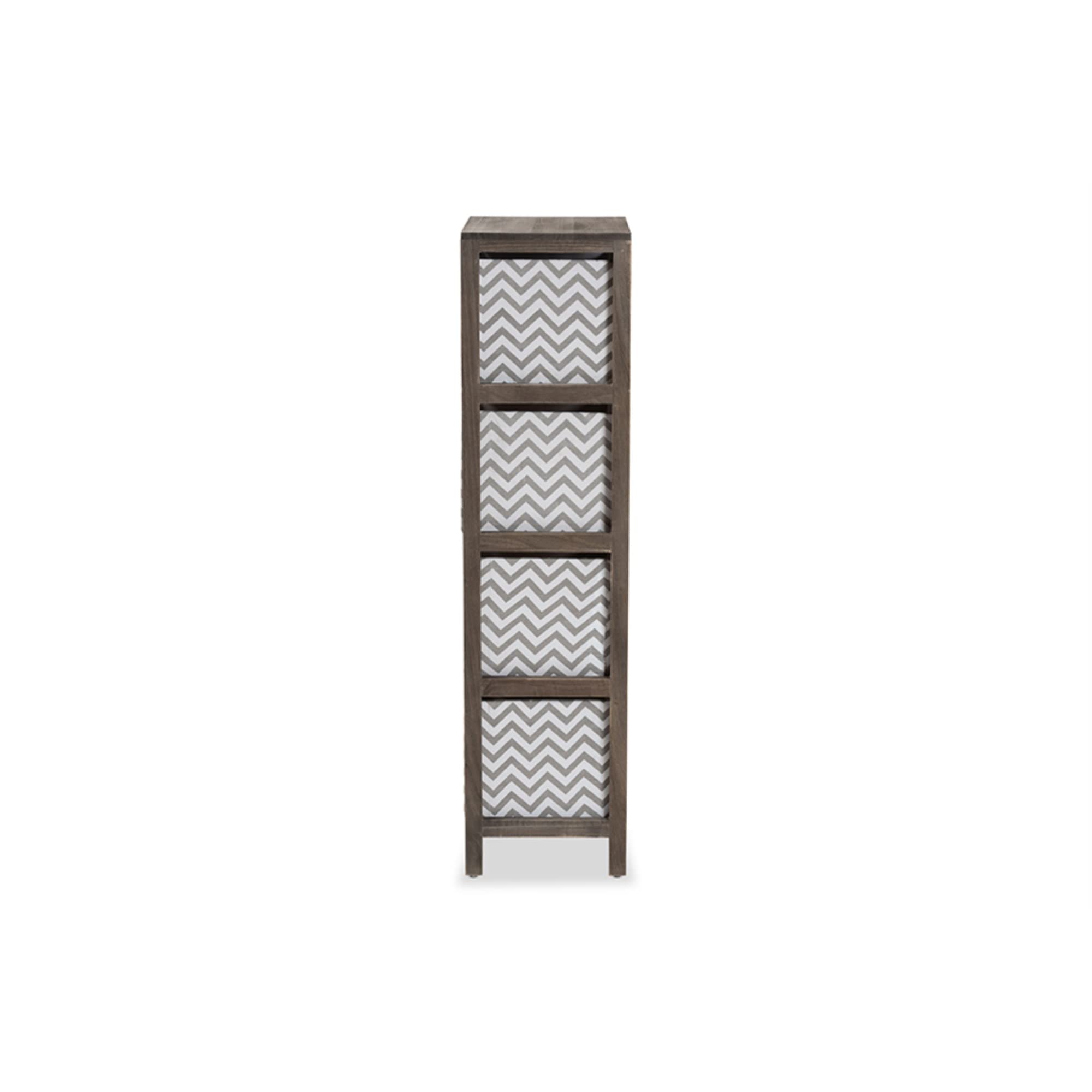 Baxton Studio Jorah Modern and Contemporary Grey and White Fabric Upholstered Greywashed Wood 4-Basket Tallboy Storage Unit