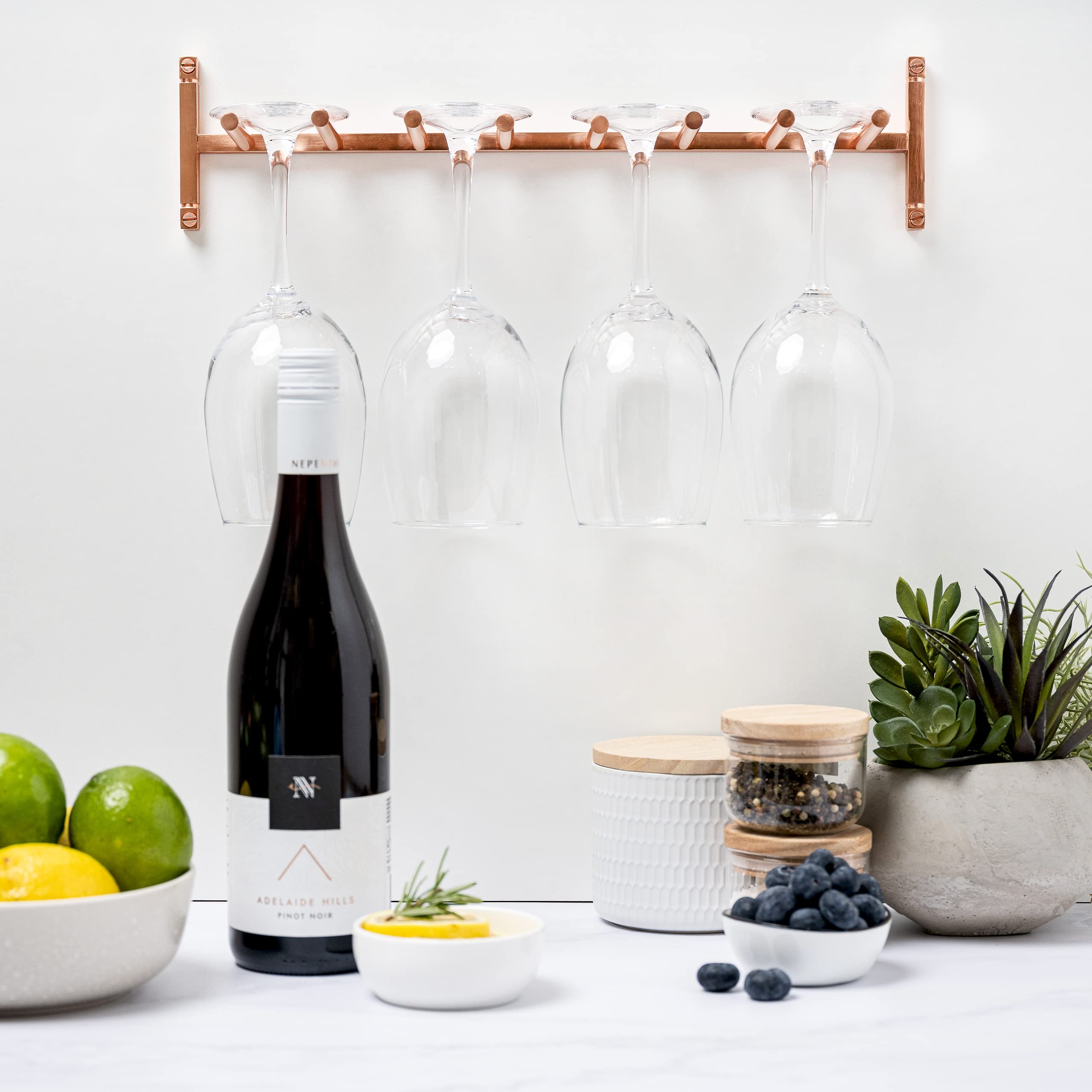 Wine Glass Rack, Wall mounted Wine Glass rack, Under cabinet Stemware Rack for Kitchen, Wine Glass Holder Glasses Storage Hanger Copper Hanging 4 Wine Glasses with class by Wanda Living - Copper