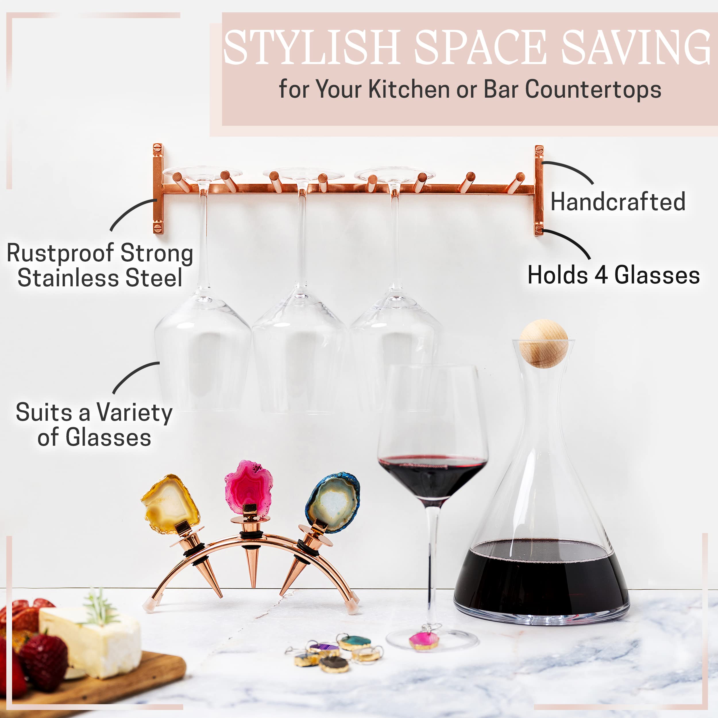 Wine Glass Rack, Wall mounted Wine Glass rack, Under cabinet Stemware Rack for Kitchen, Wine Glass Holder Glasses Storage Hanger Copper Hanging 4 Wine Glasses with class by Wanda Living - Copper