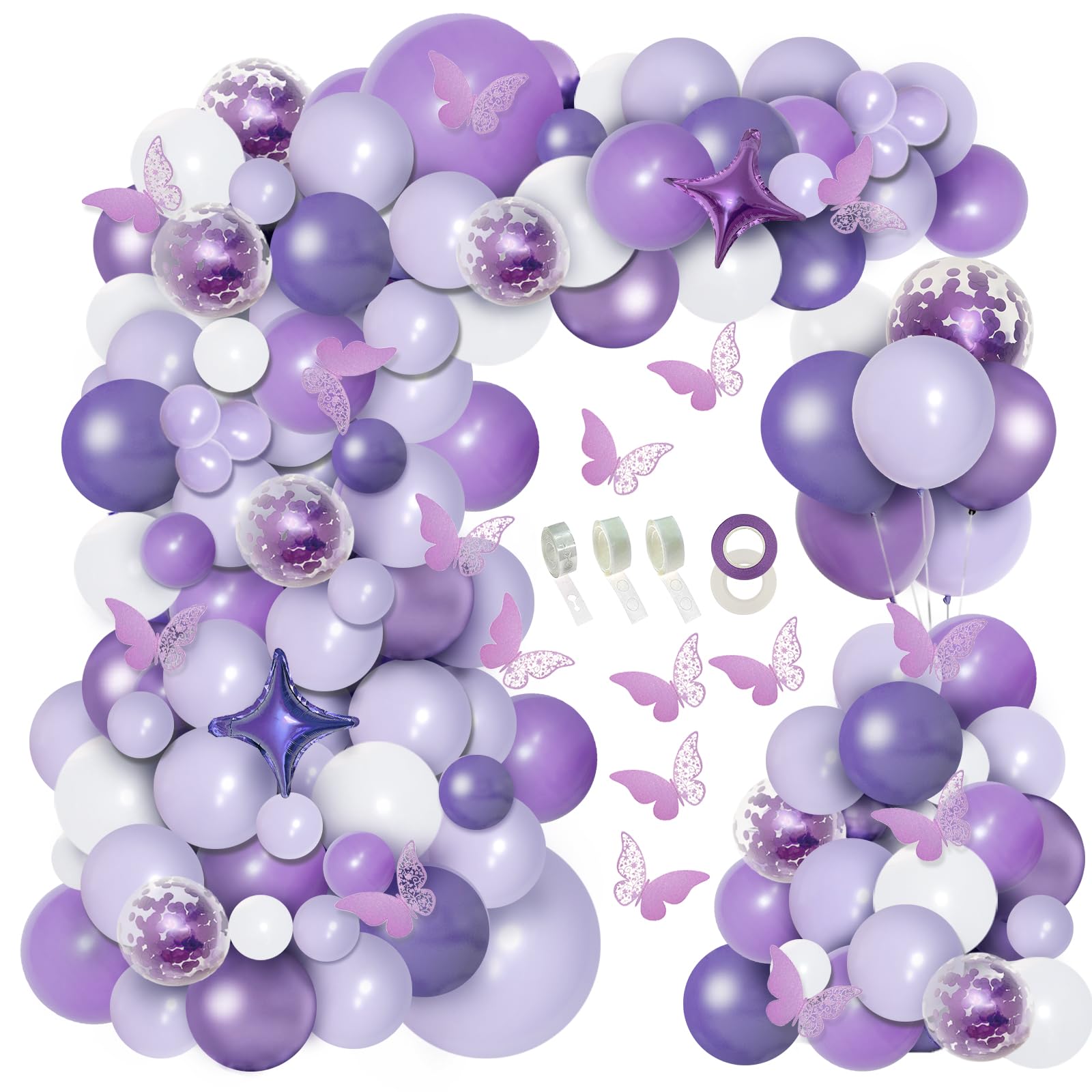 PERPAOL 150pcs Purple Balloon Garland Kit with Butterfly Stickers, Lavender White Macaron Metallic Purple Confetti Balloons Arch for Birthday Wedding Anniversary Sweet 16 Enchanted Forest Party Decor