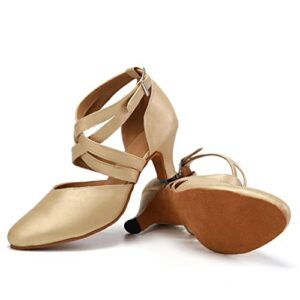 SWDZM Women Ballroom Dance Shoes Closed toe Latin Character Tango Perfermance Practice Dance Shoes,QJW7161-6CM Beige 9 US