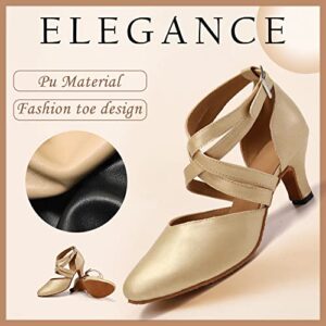 SWDZM Women Ballroom Dance Shoes Closed toe Latin Character Tango Perfermance Practice Dance Shoes,QJW7161-6CM Beige 9 US