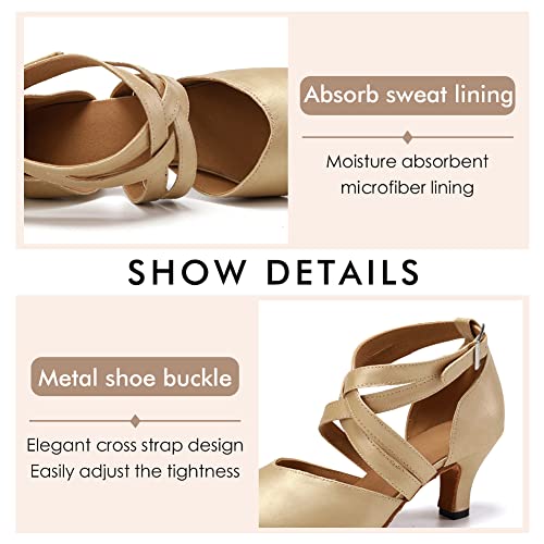 SWDZM Women Ballroom Dance Shoes Closed toe Latin Character Tango Perfermance Practice Dance Shoes,QJW7161-6CM Beige 9 US